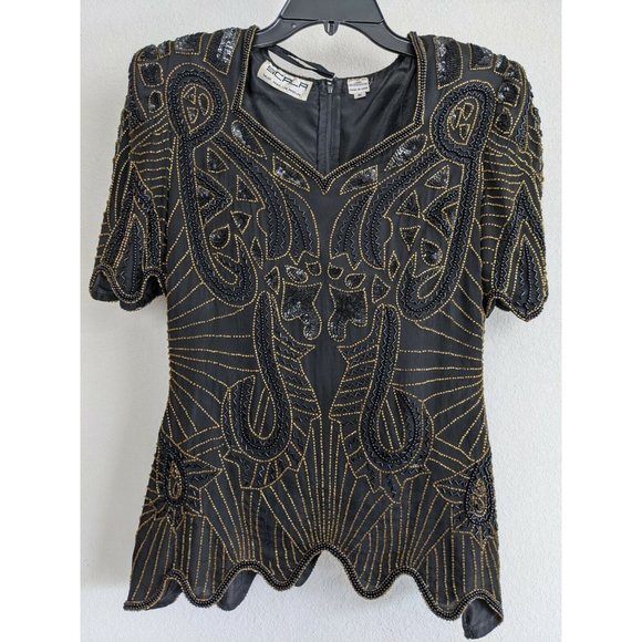 Scala | Tops | Vintage Medium Scala Black Beaded Evening Top Silk Disco ...